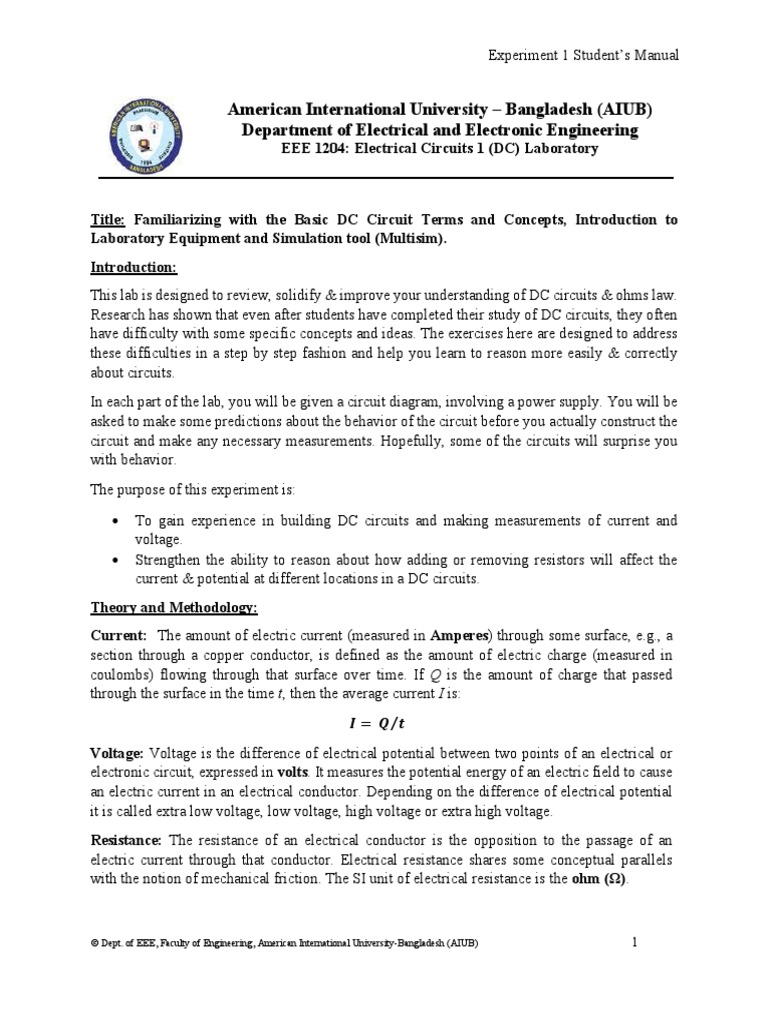 DC Lab_Exp_1_student_manual (Spring 22-23) | PDF | Voltage | Electrical ...