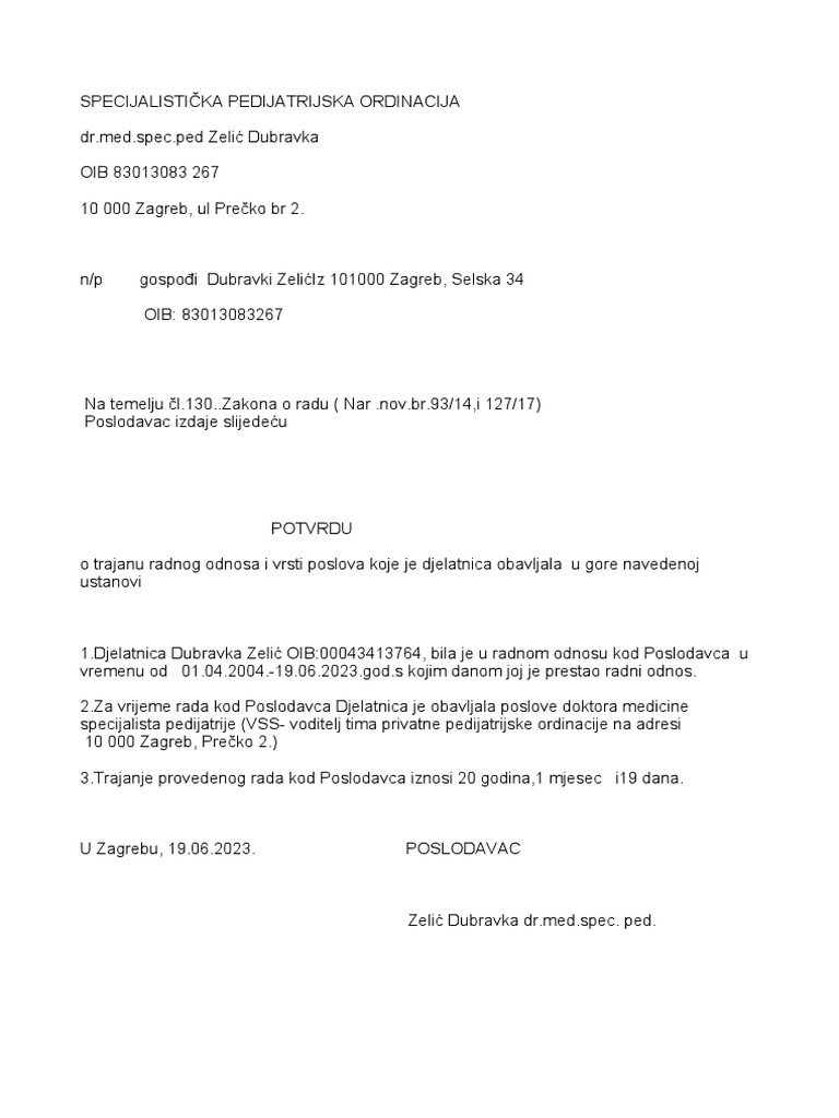 Potvrda Poslodavca o Provedenom Radu Zelić Dubravka | PDF