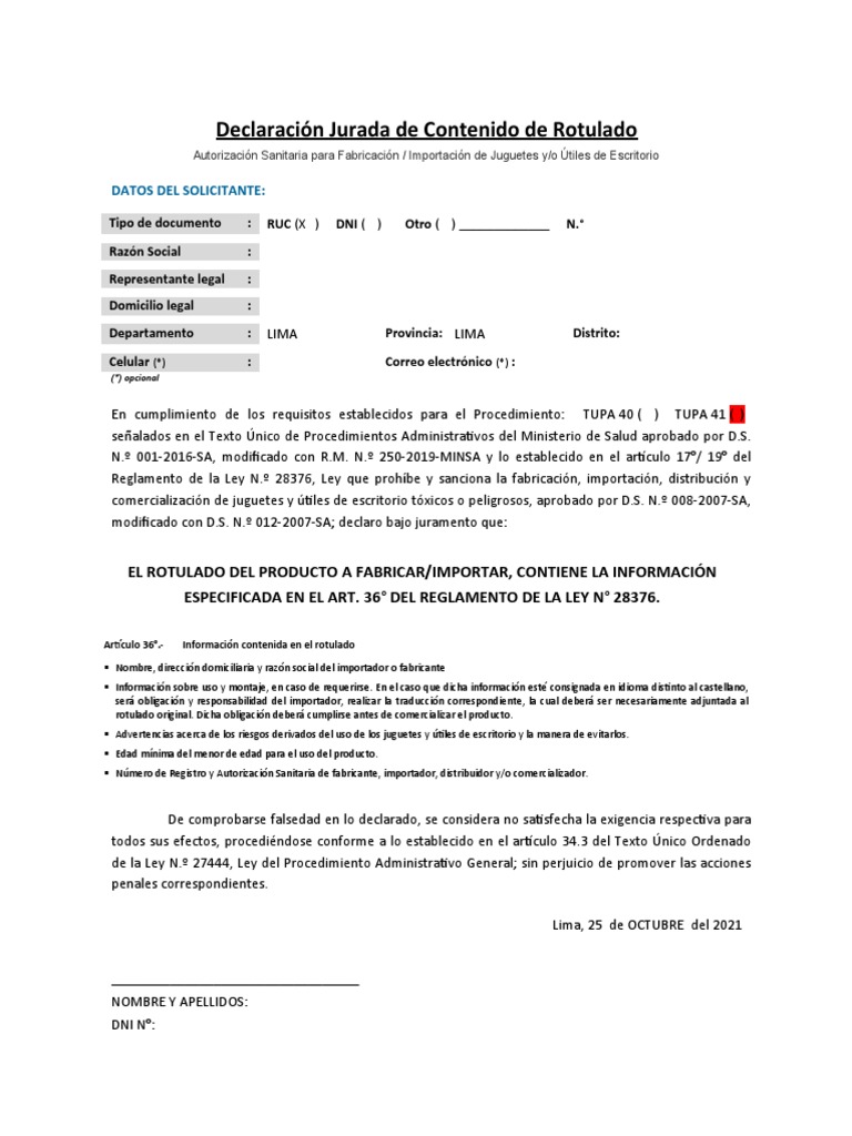 Declaracion Jurada de Rotulado | PDF