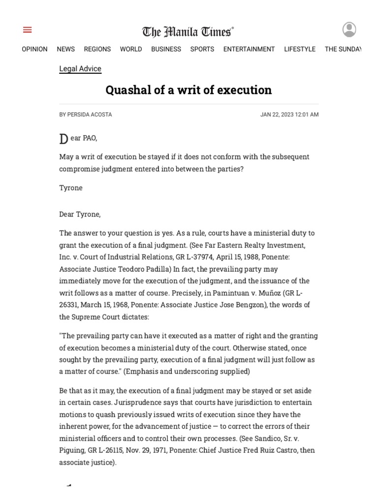 Quashal of A Writ of Execution | PDF | Law