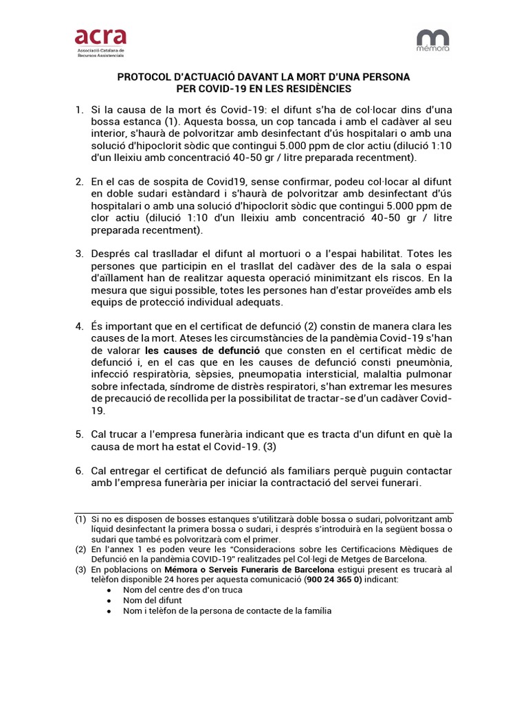Protocol D Actuació Davant La Mort D Una Persona Per Covid 19 A Les Residències - 584163 | PDF