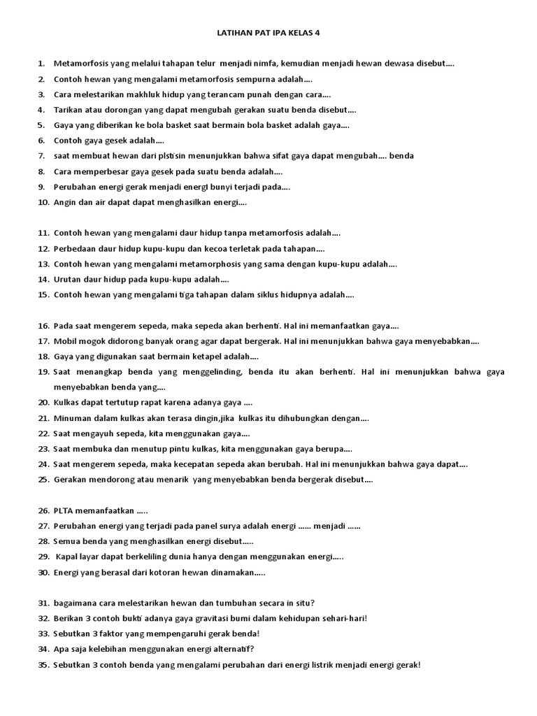 Latihan Pat Ipa Kelas 4 | PDF