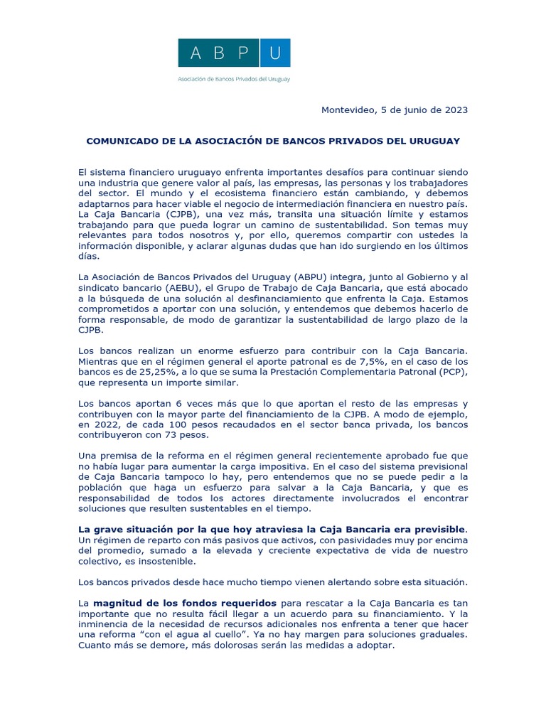 2023 06 05 Comunicado ABPU | PDF | Bancos | Uruguay