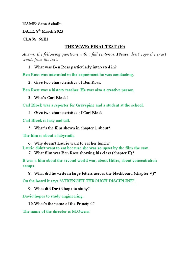 The Wave Final Test Answers | PDF | General Fiction