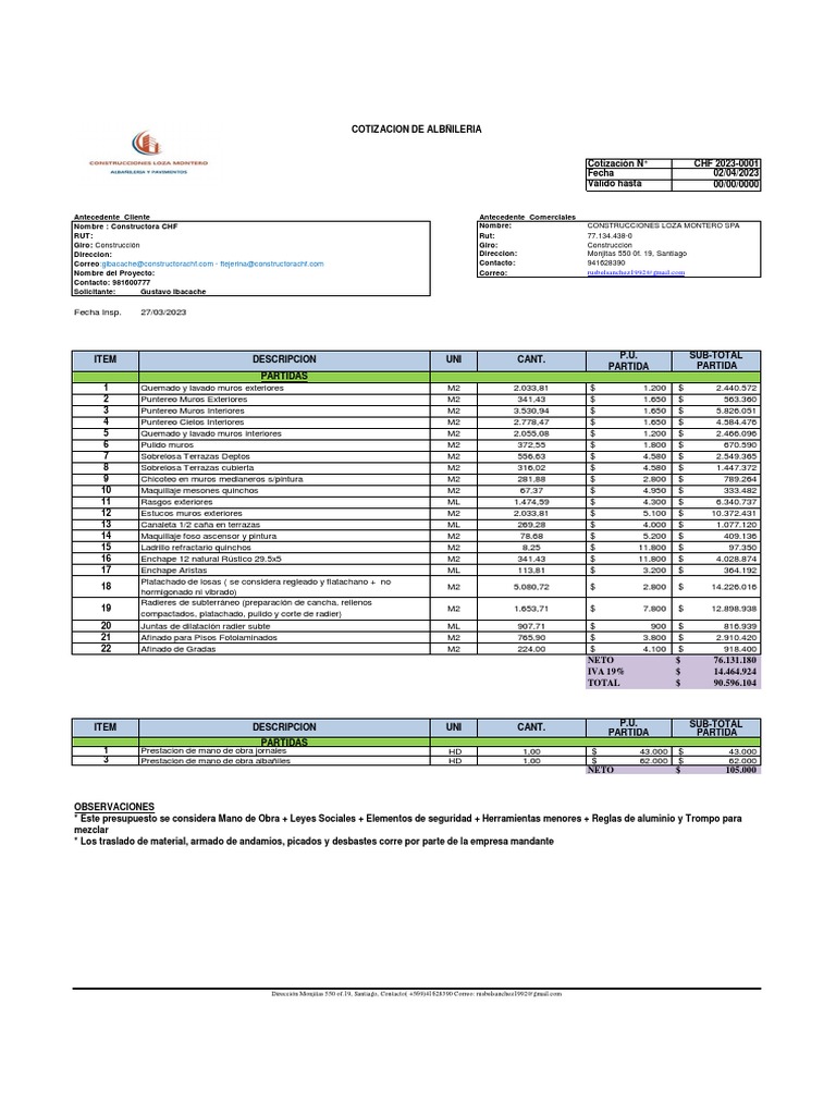 Cotizacion #01 Albañileria Constructora CHF | PDF | Materiales | Materiales de construcción