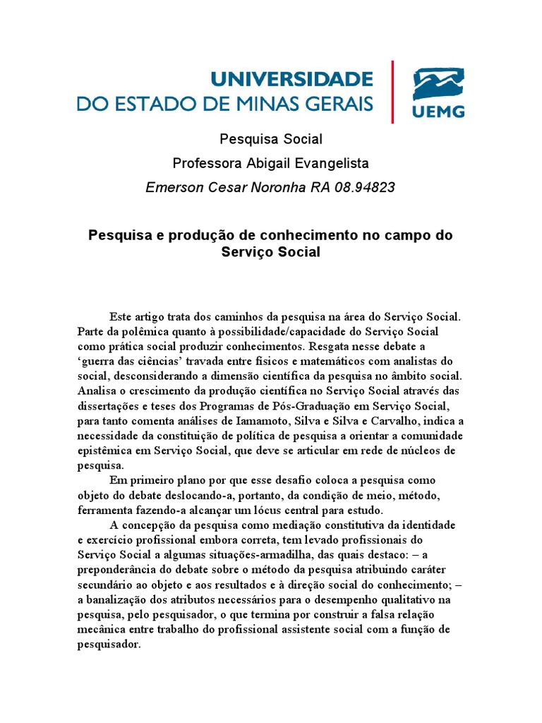 Pesquisa e Produção de Conhecimento No Campo Do Serviço Social Resumo ... Pesquisa e Produção de Conhecimento No Campo Do Serviço Social Resumo ...