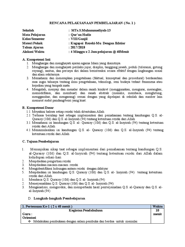 RPP 1 Lembar Rasyid Qurdis Kelas 7 | PDF
