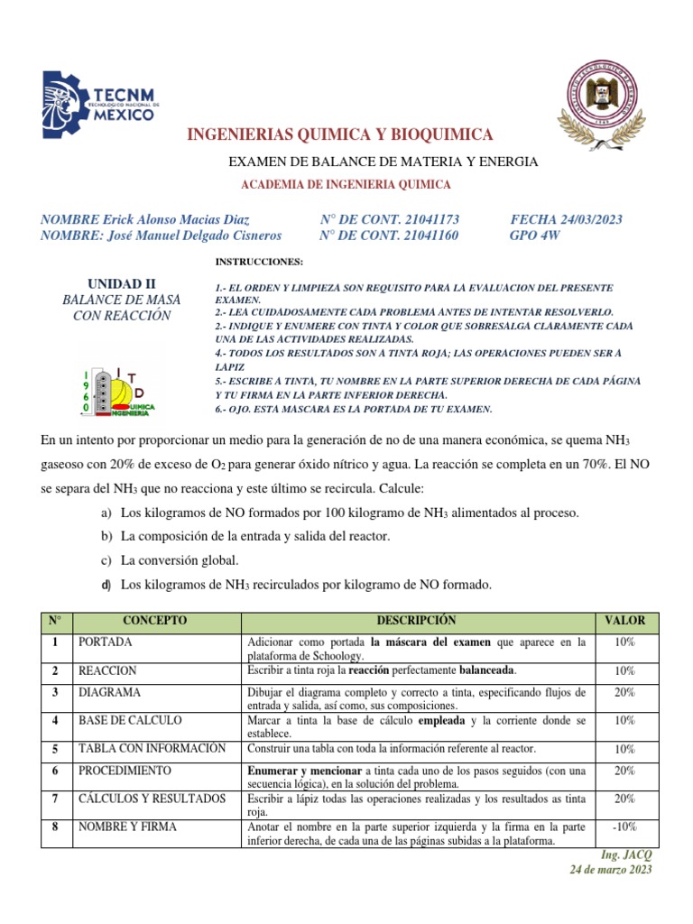U2 MASA CON REACCION Marzo 2023 4W | PDF | Reactor Quimico | Química