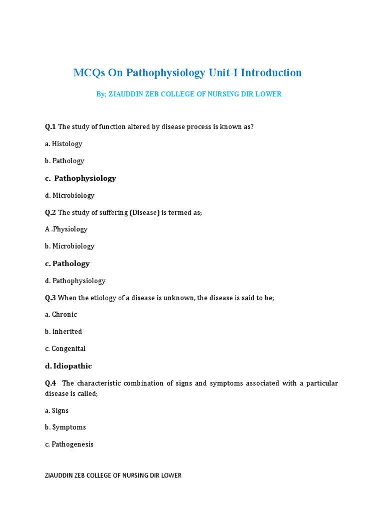 20 MCQs On Pathophysiology Unit-I | PDF | Pathology | Infection