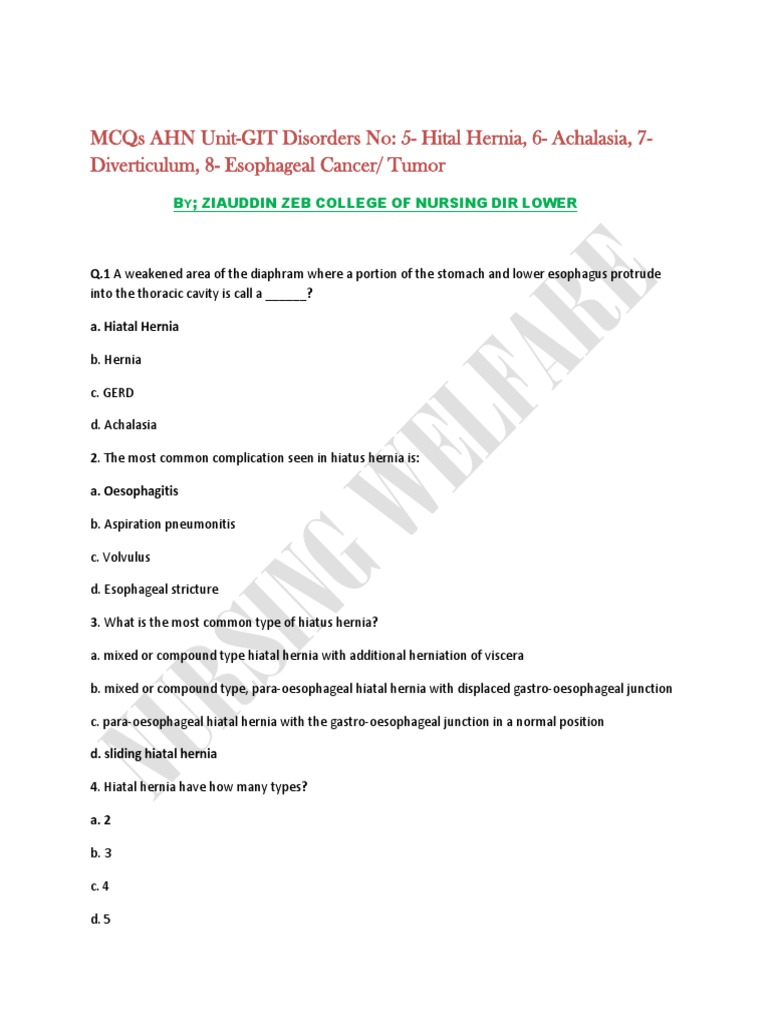 MCQs AHN Unit-1 Hital Hernia, Achalasia, Diverticulum, Esophageal Cancer (Autosaved) | PDF ...