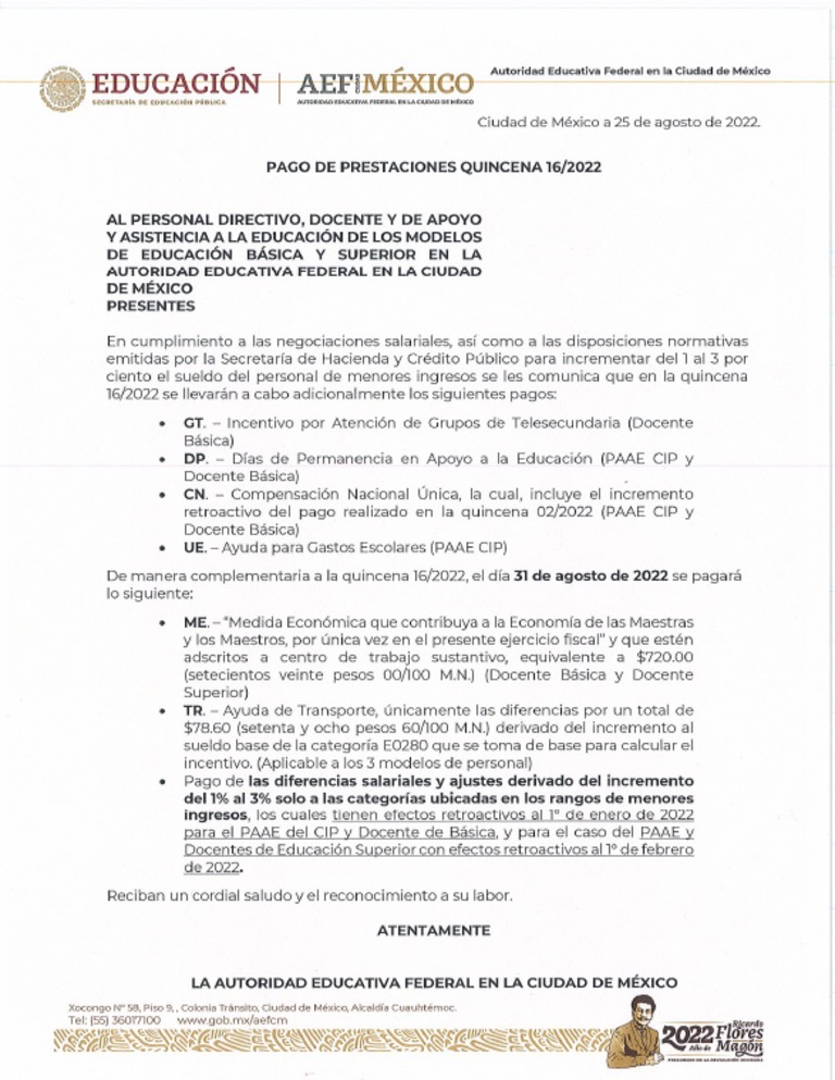 Pago Prestaciones Quincena 16 | PDF