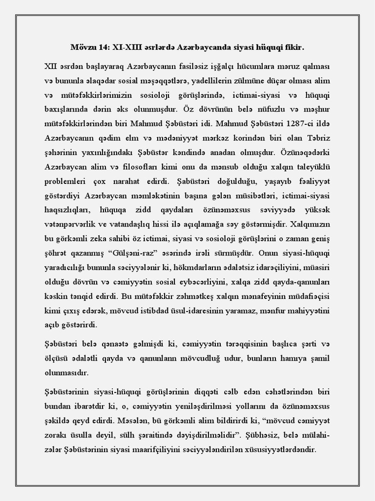 Mövzu 14 XI-XIII ƏSRLƏRDƏ Azərbaycanda Siyasi Hüquqi Fikir. Kopyası Kopyası | PDF