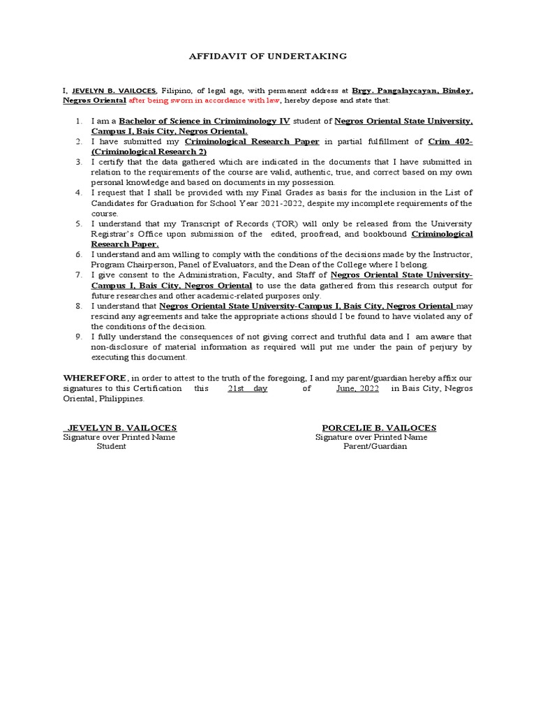 AFFIDAVIT OF UNDERTAKING BSCrim | PDF