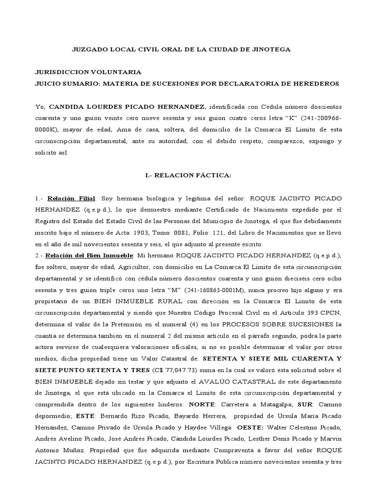 Ejemplo de DECLARATORIA DE HEREDEROS | PDF