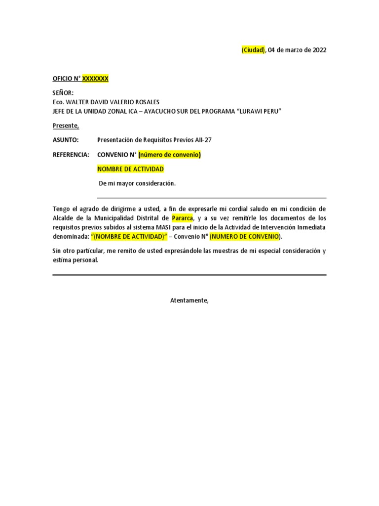 2_modelo de Oficio de Presentacion de Requisitos Previos | PDF