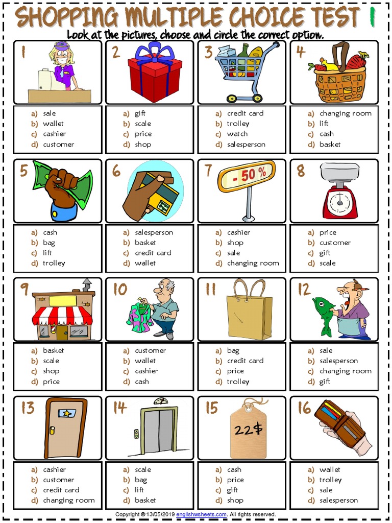 Shopping Vocabulary Esl Multiple Choice Tests For Kids Pdf