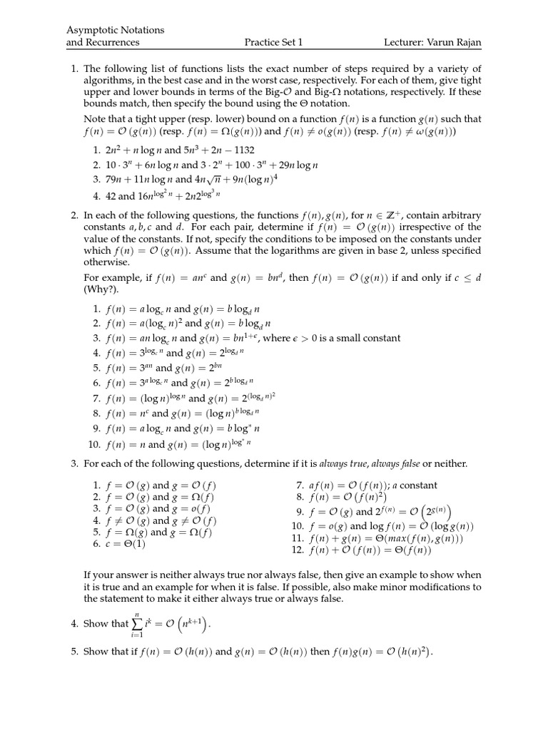 Practice Set 1 Asymptotics and Recurrences | PDF | Arithmetic | Mathematics