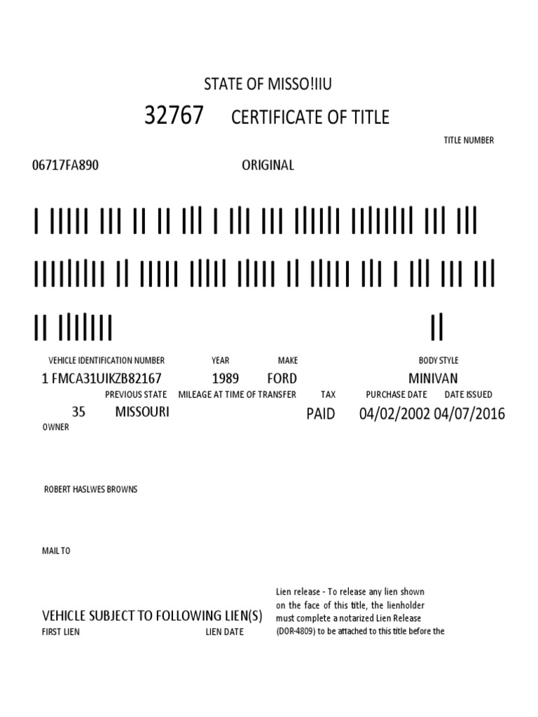 Missouri Vehicle Title Certificate | PDF