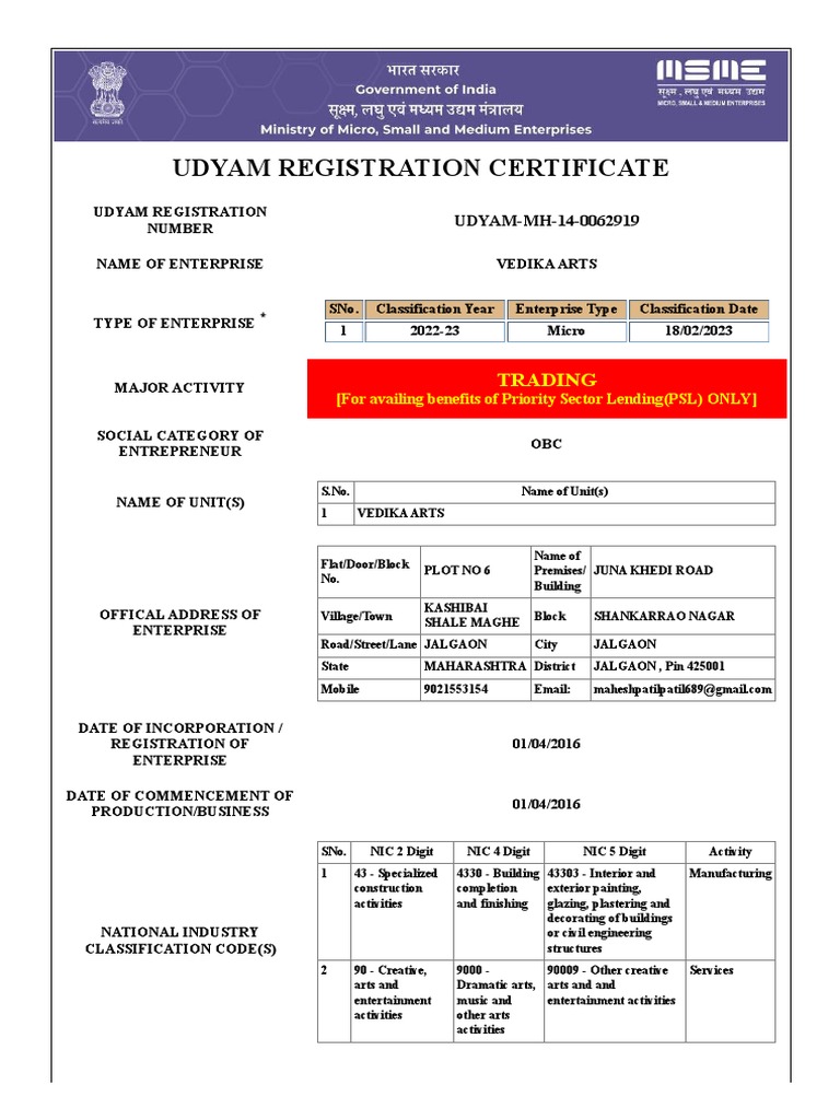Udyam Registration for Vedika Arts | PDF