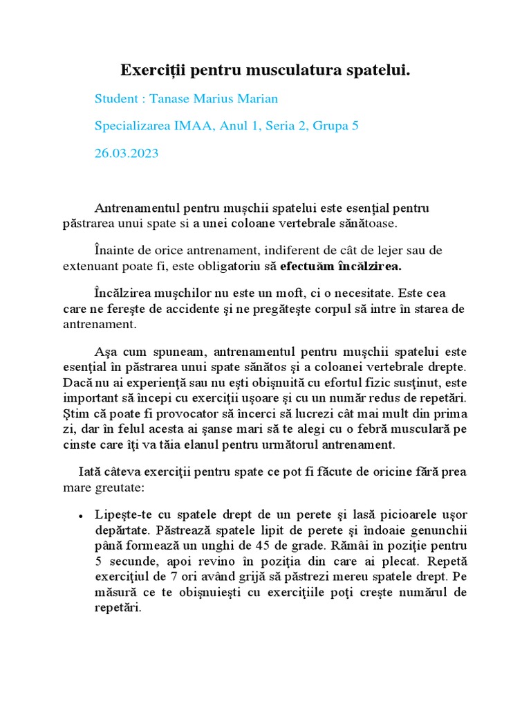 Exercitii Pentru Musculatura Spatelui Tanase Marius Marian | PDF