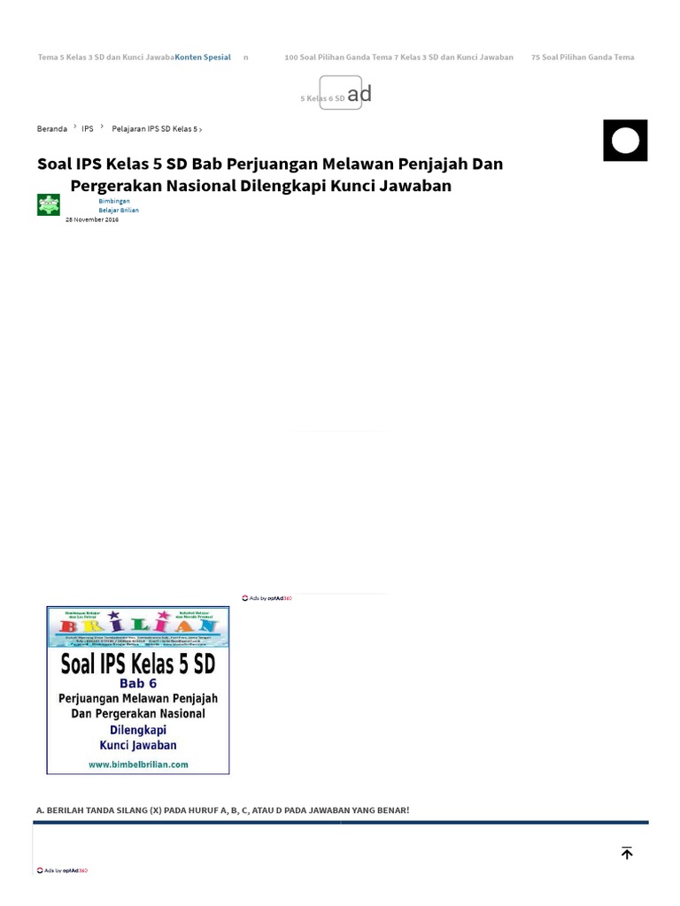 Soal IPS Kelas 5 SD Bab Perjuangan Melawan Penjajah Dan Pergerakan Nasional | PDF
