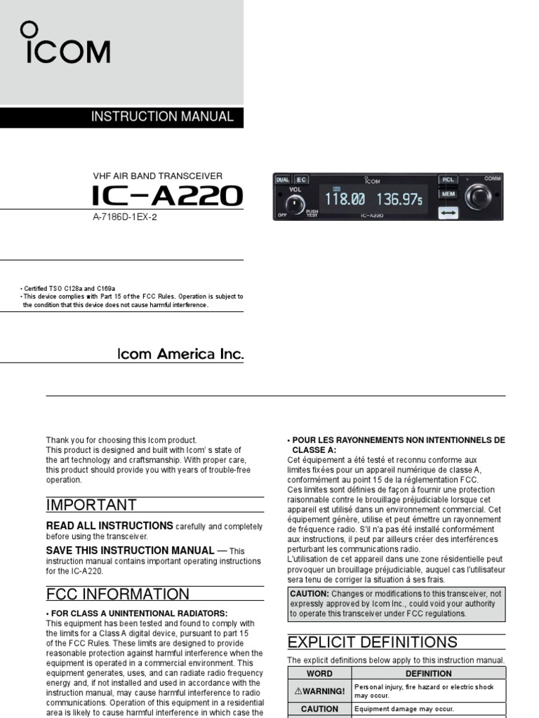 IC-A220 VHF Transceiver Manual | PDF | Antenna (Radio) | Radio