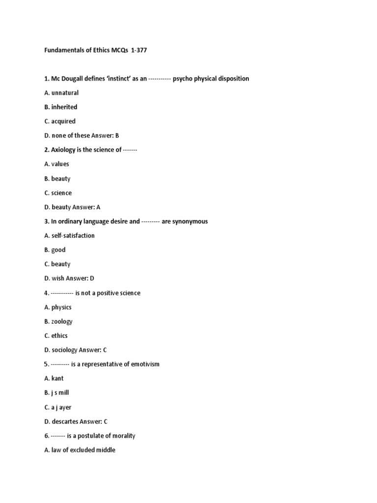 Ethics MCQs: Comprehensive Guide | PDF | Hedonism | Pleasure