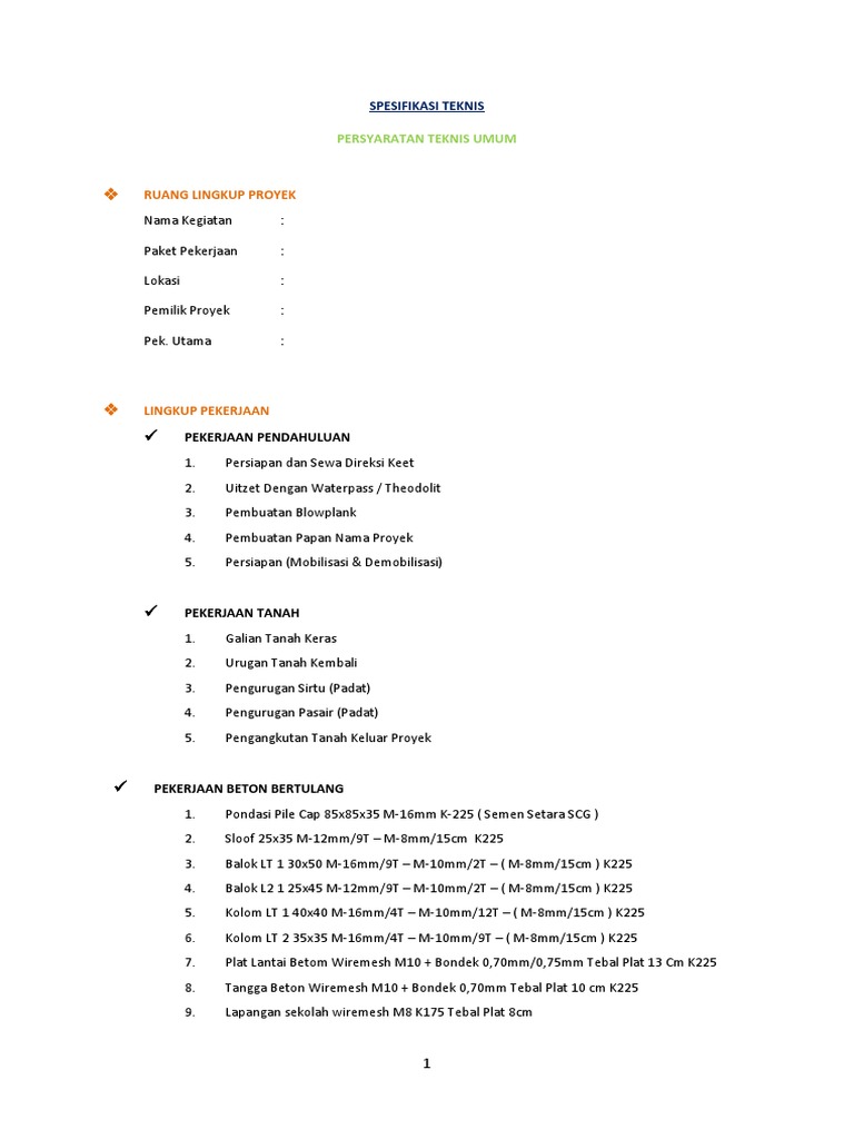 Spesifikasi Teknis Proyek Konstruksi | PDF | Griya & Taman