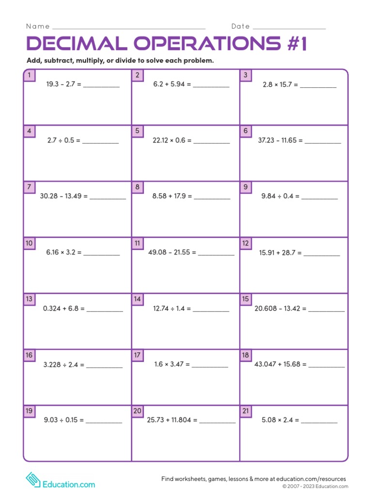 Decimal Operations Practice Worksheet | PDF