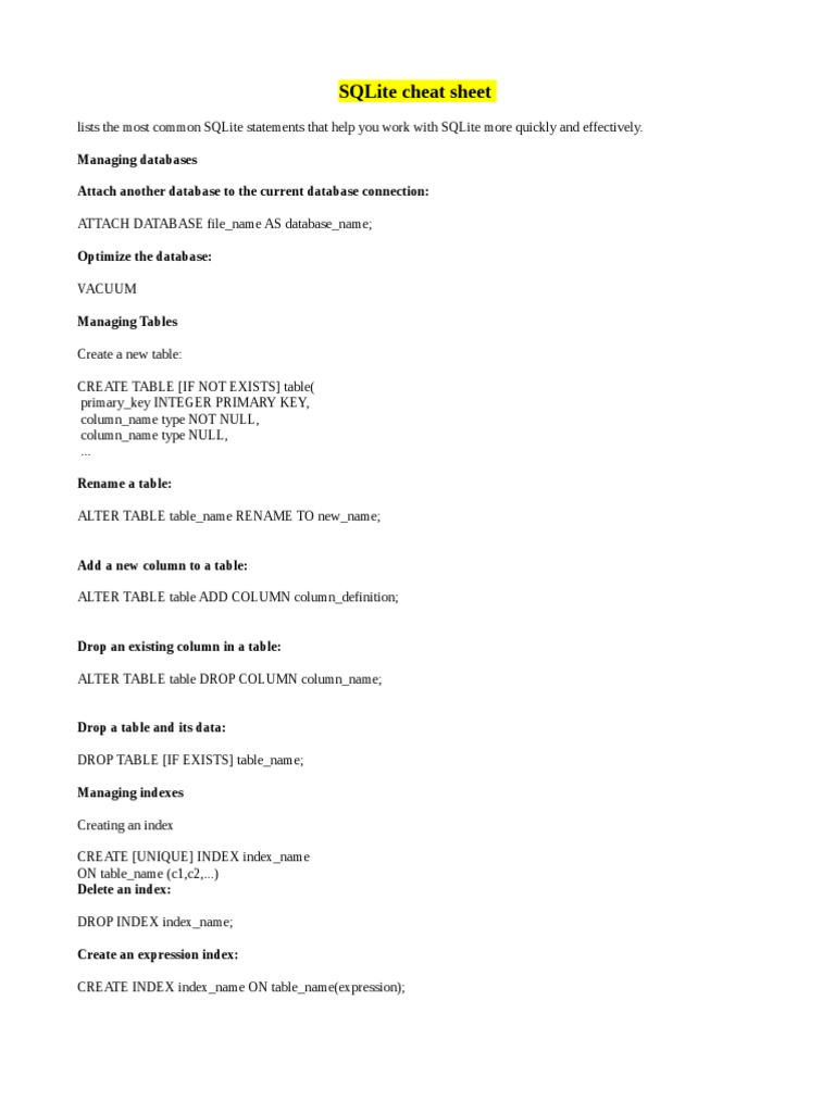 QLite Cheat Sheet | PDF | Database Index | Table (Database) QLite Cheat Sheet | PDF | Database Index | Table (Database)