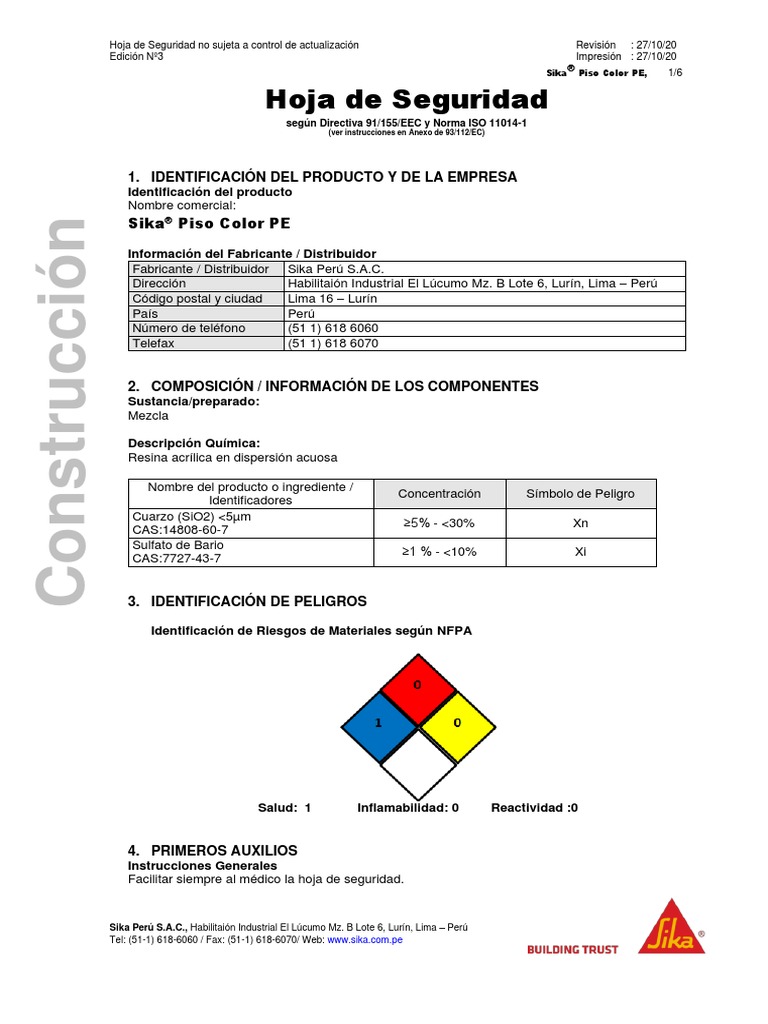 Hoja de Seguridad Sika Piso Color PE | PDF | Residuos | Agua
