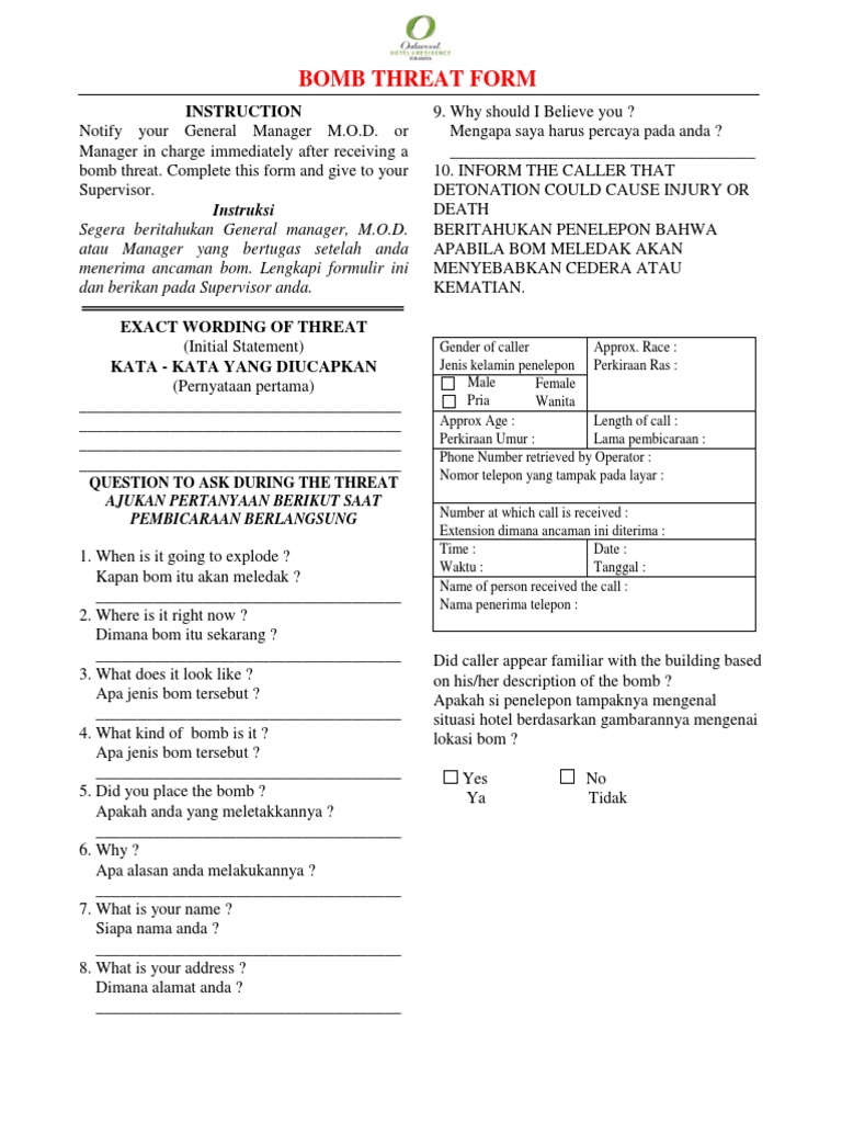 Bomb Threat Form A | PDF