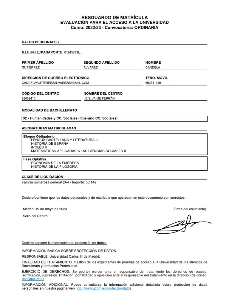 Resguardo Matrícula Acceso Universidad 2023 | PDF