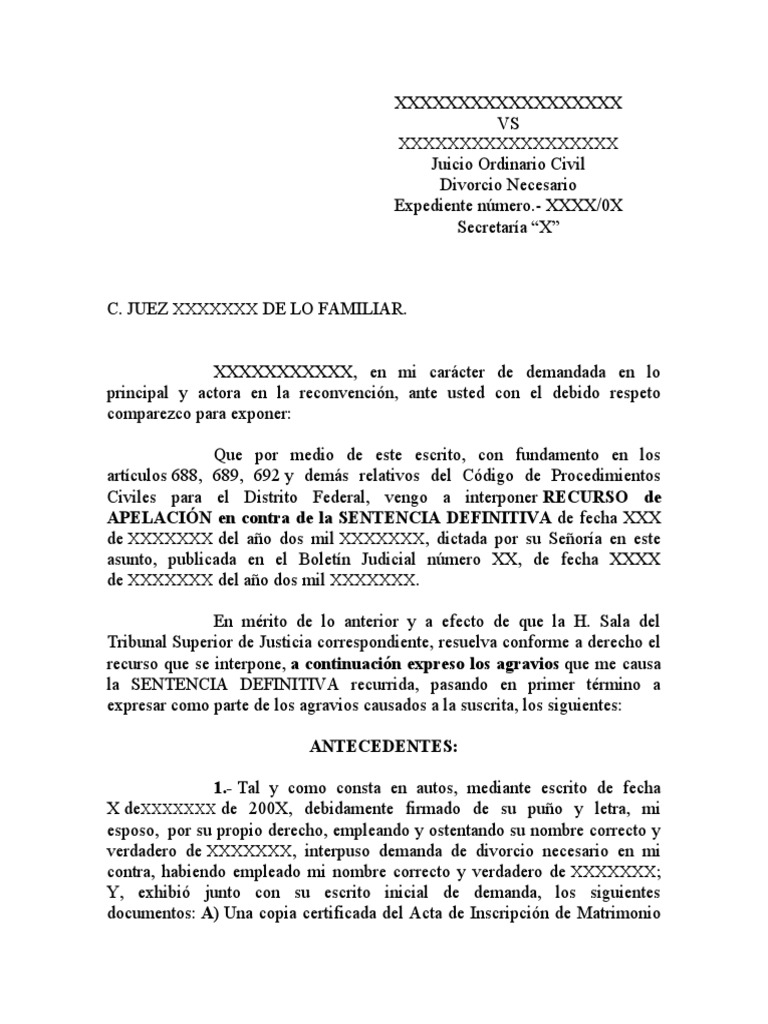 Recurso de Apelacion Contra Sentencia Definitiva | PDF | Sentencia (ley) | Divorcio