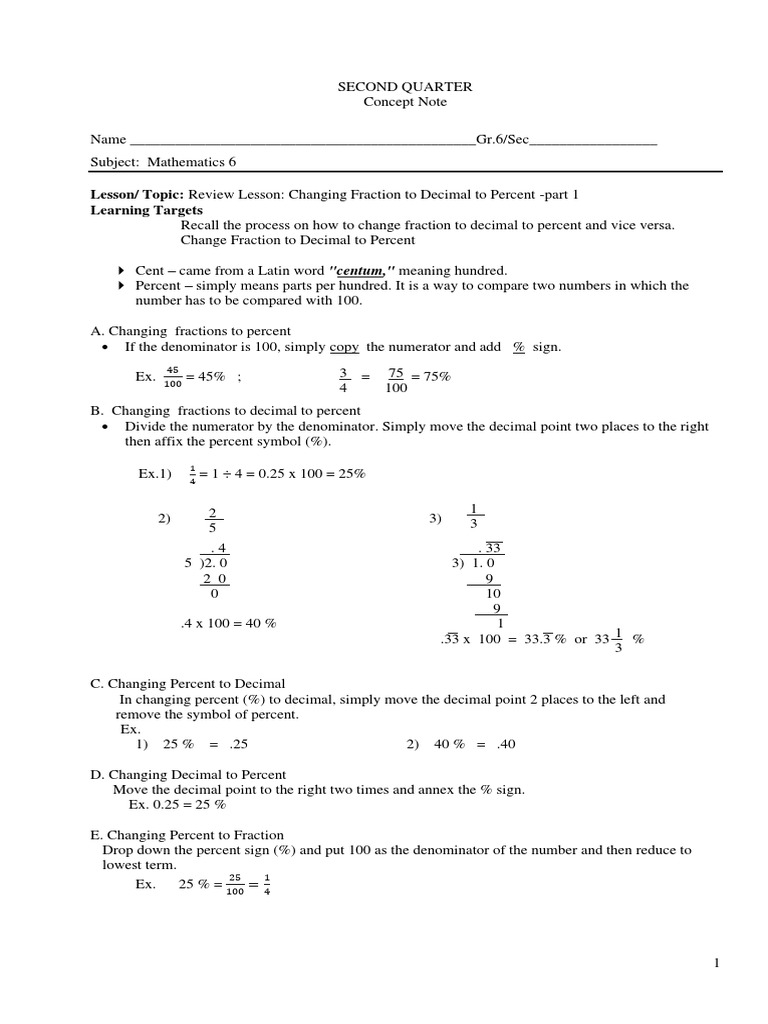 MATH 65 - CN Part 1 Review On Changing Fraction To Decimal To Percent ...