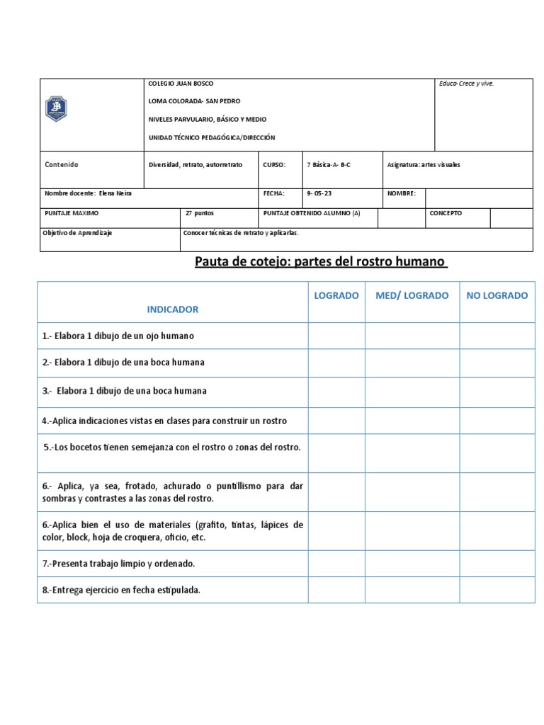 Pauta Cotejo ARTES7 ACTIVIDAD 2 ROSTRO | PDF