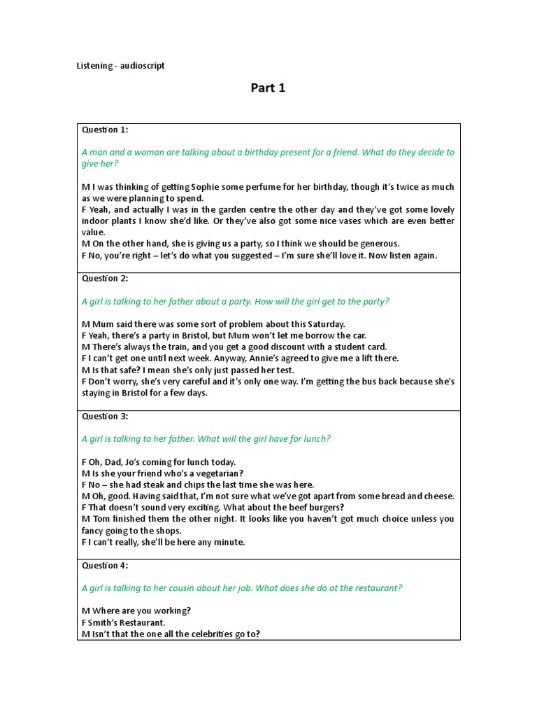 B1 - Listening - audioscript - Part 1 (Exam B1 - 1) | PDF