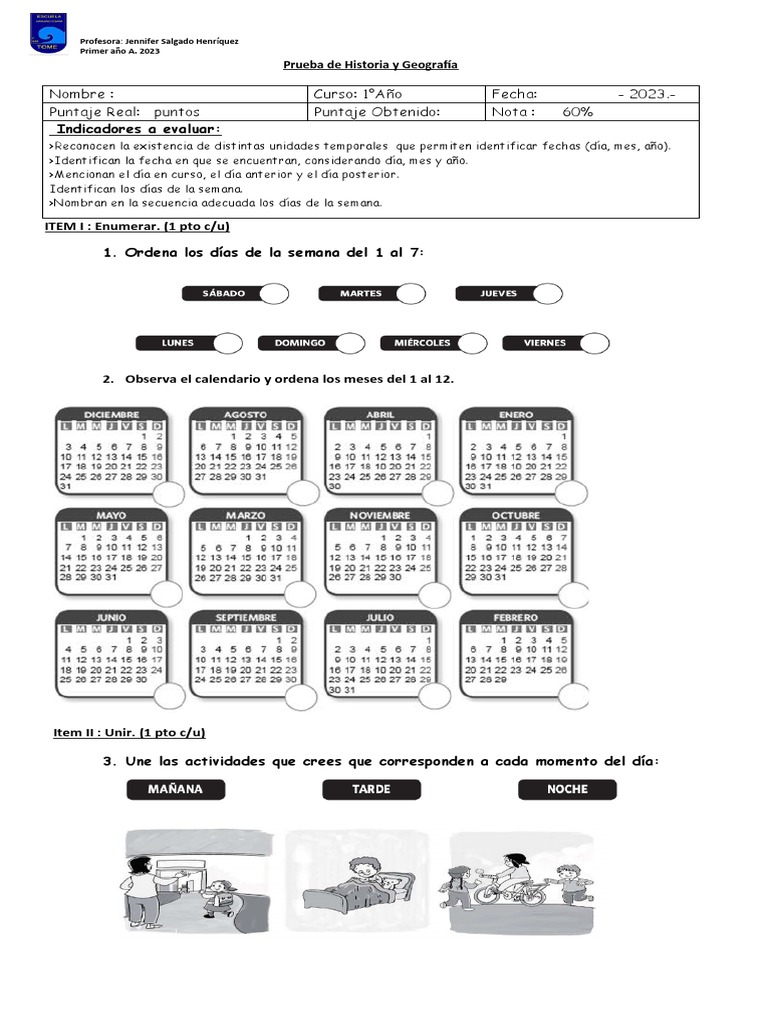 Prueba de Los Dias de La Semana 1° | PDF