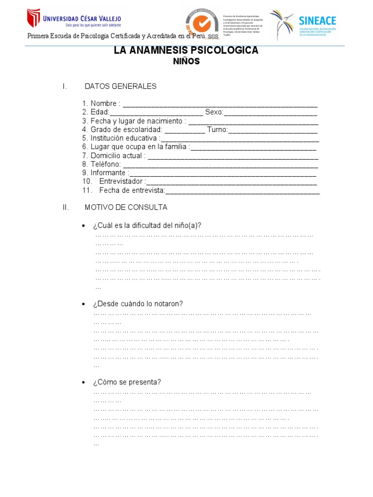 Formato de Anamnesis Psicológica Infantil | PDF | Sicología | Actitud ...
