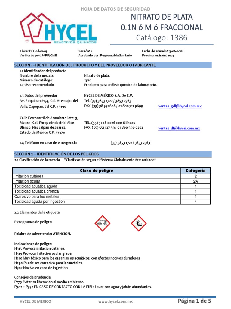 Hoja de Datos de Seguridad-Nitrato de Plata 0,1N o M o Fraccional-1386-Hycel | PDF | Agua | Residuos