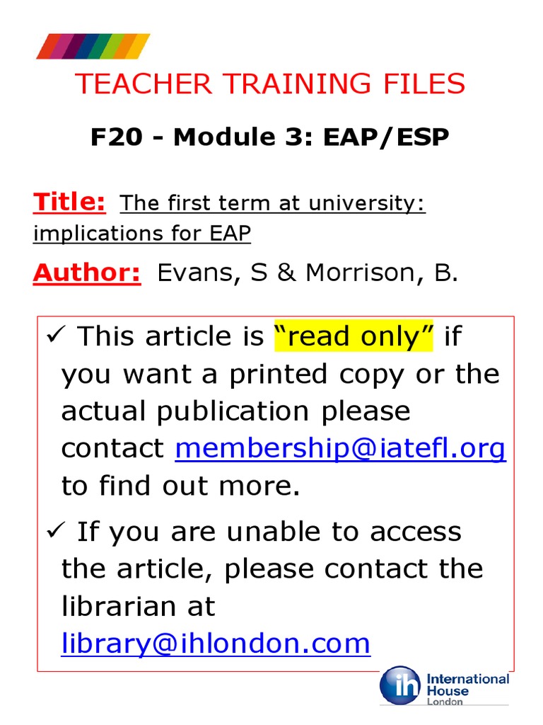 Evans & Morrison. The First Term at University - Implications For EAP | PDF