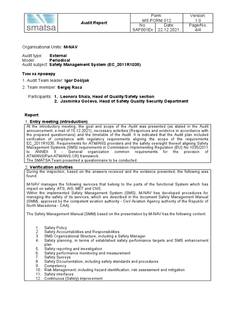 External Audit: Safety Management System | PDF | Audit | Risk