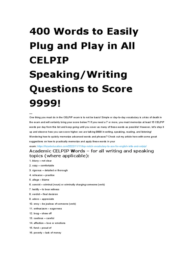 400 Words To Easily Plug and Play in All CELPIP SP | Download Free PDF ...