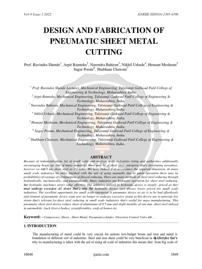 Design and Fabrication of Pneumatic Sheet Metal Cutting Ijariie16648 | PDF