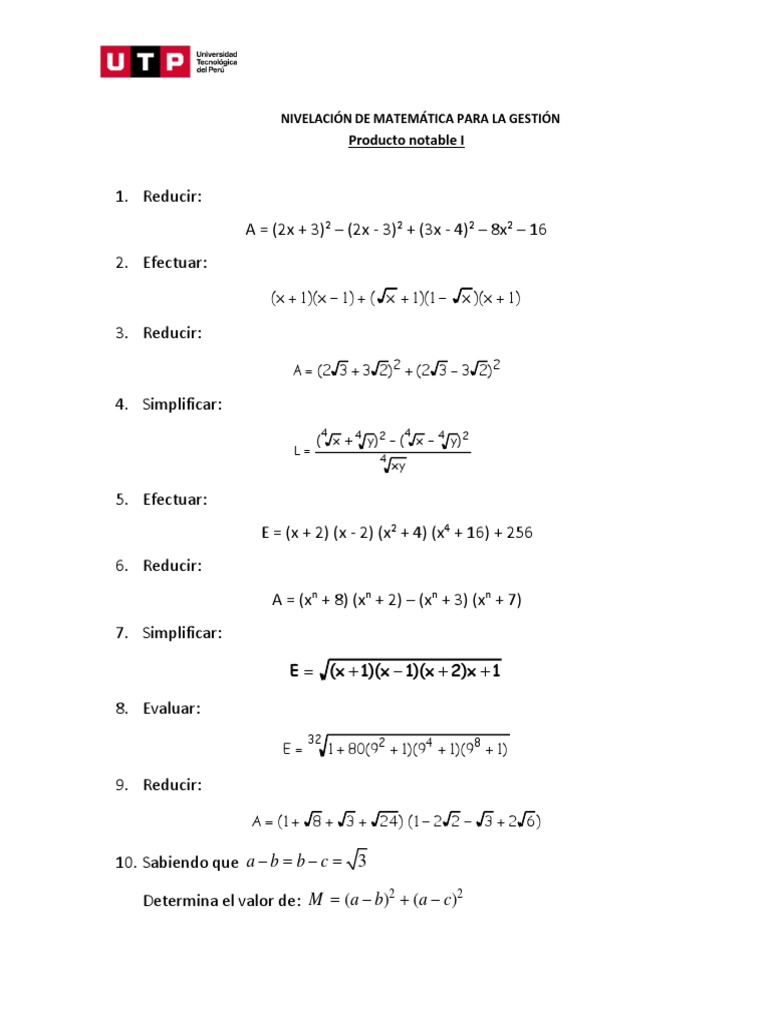 Ejercicios Productos Notables I | PDF