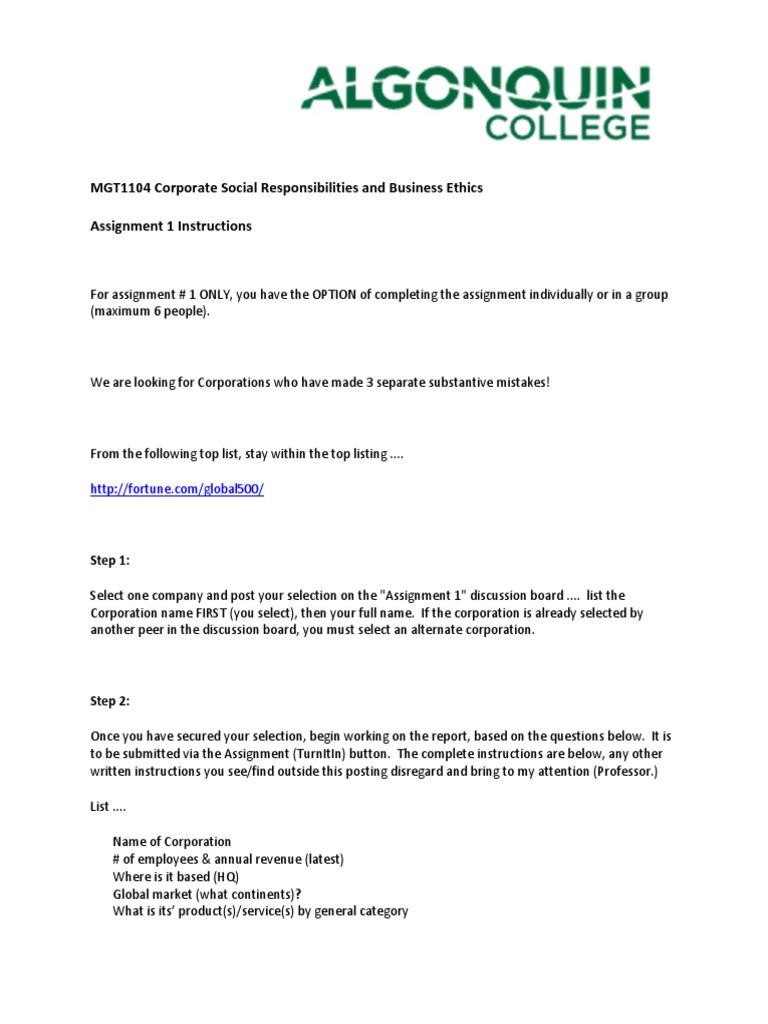 MGT1104-Assignment # 1 Instructions | PDF | Business