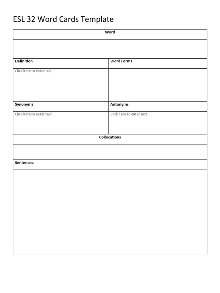 ESL Word Cards Template | PDF | Career & Growth | Language Arts ...