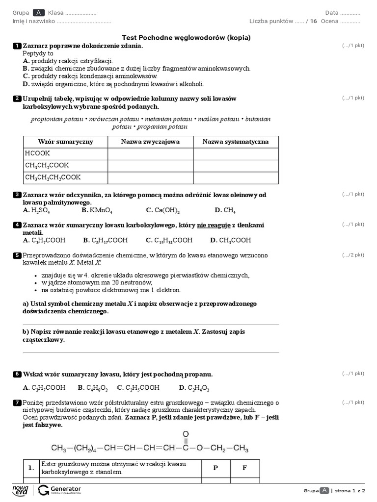 Test Pochodne Węglowodorów (Kopia) | PDF