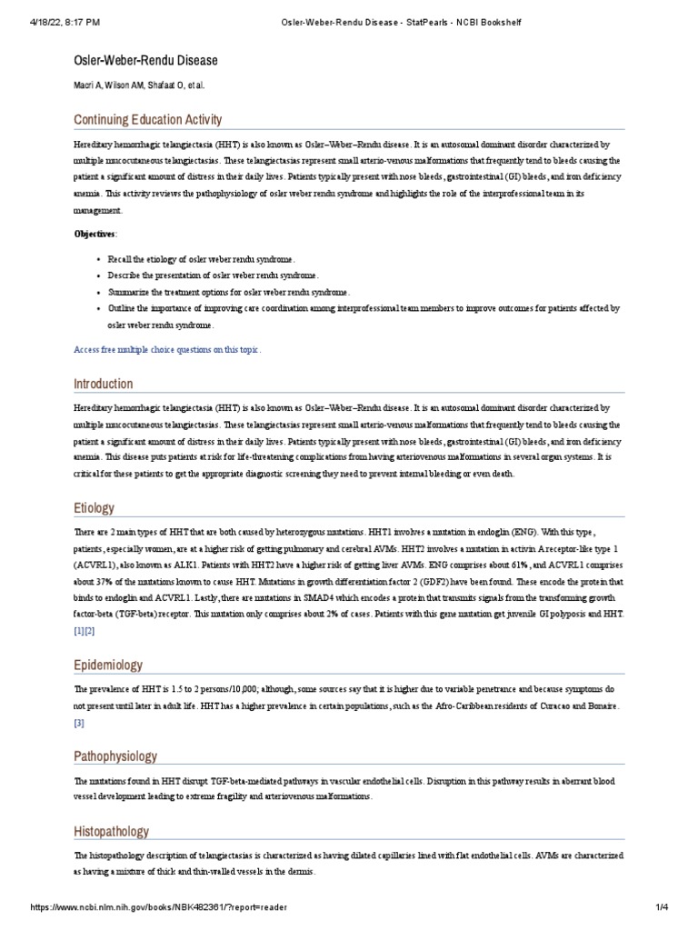 Osler-Weber-Rendu Disease Overview | PDF | Clinical Medicine | Diseases And Disorders