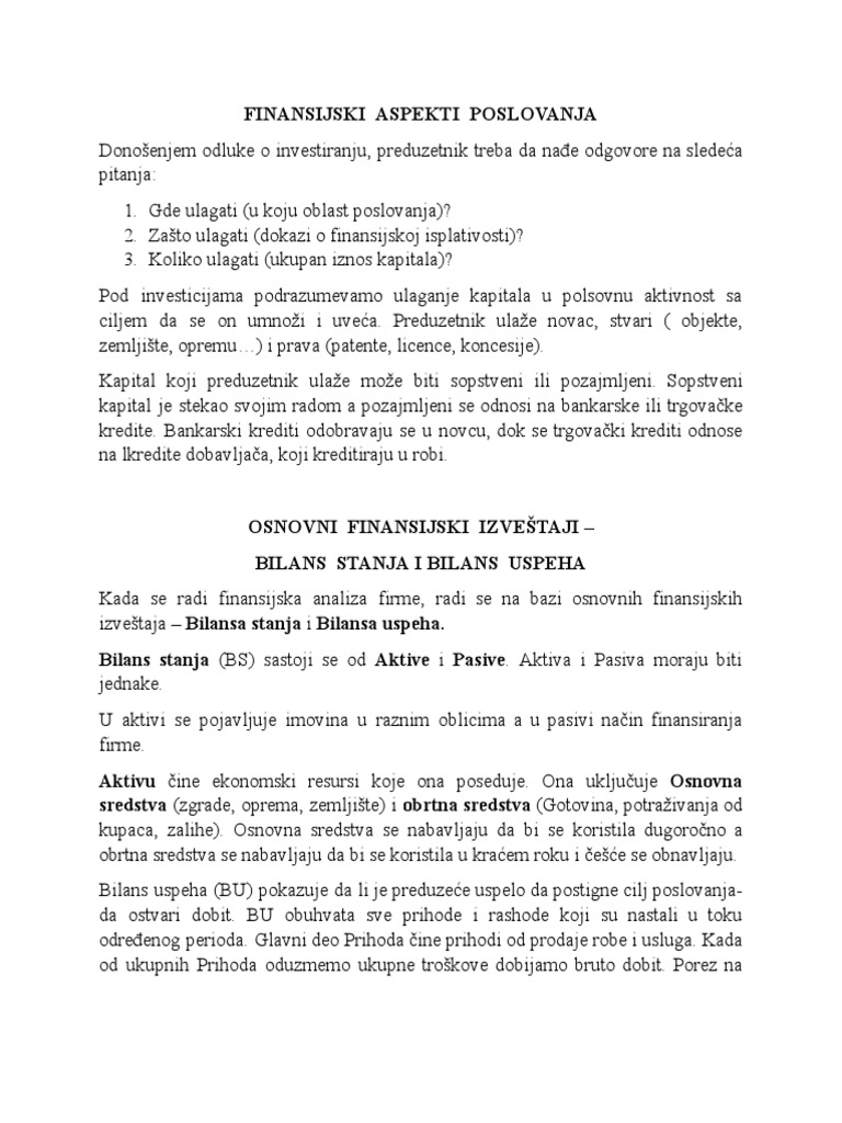 Finansijski Aspekti Poslovanja | PDF